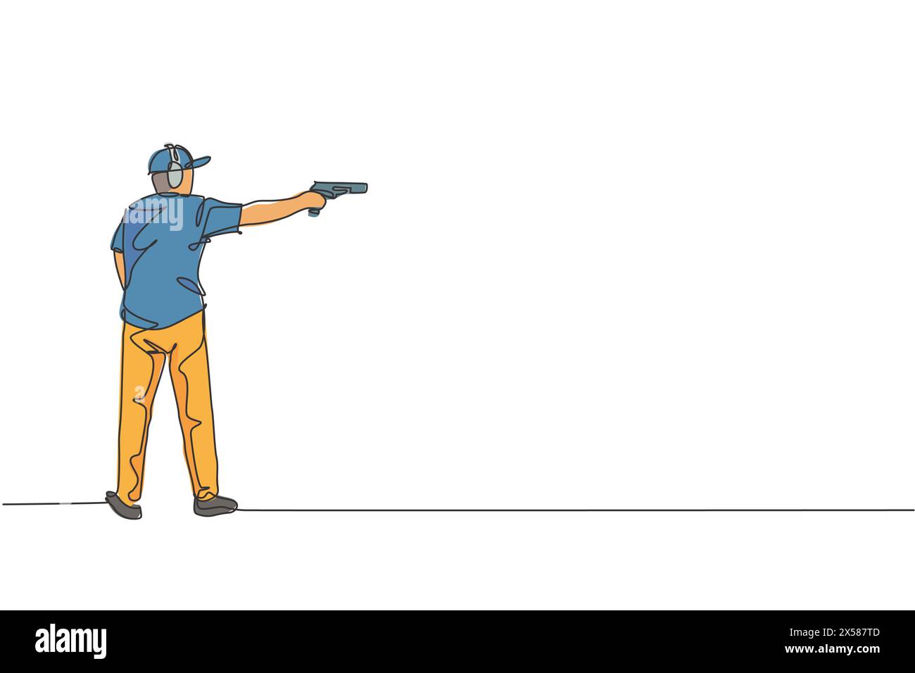 One continuous line drawing of young man on shooting training ground ...