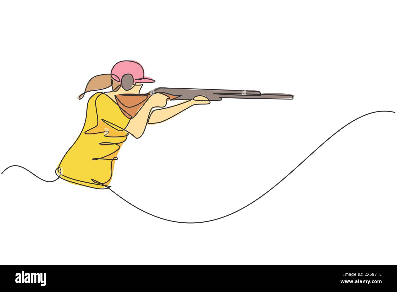 One continuous line drawing young woman on shooting training ground ...