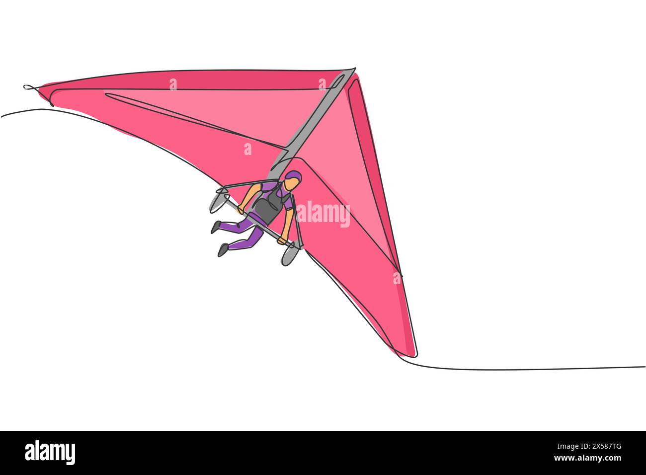 One single line drawing of young sporty man flying with hang gliding ...