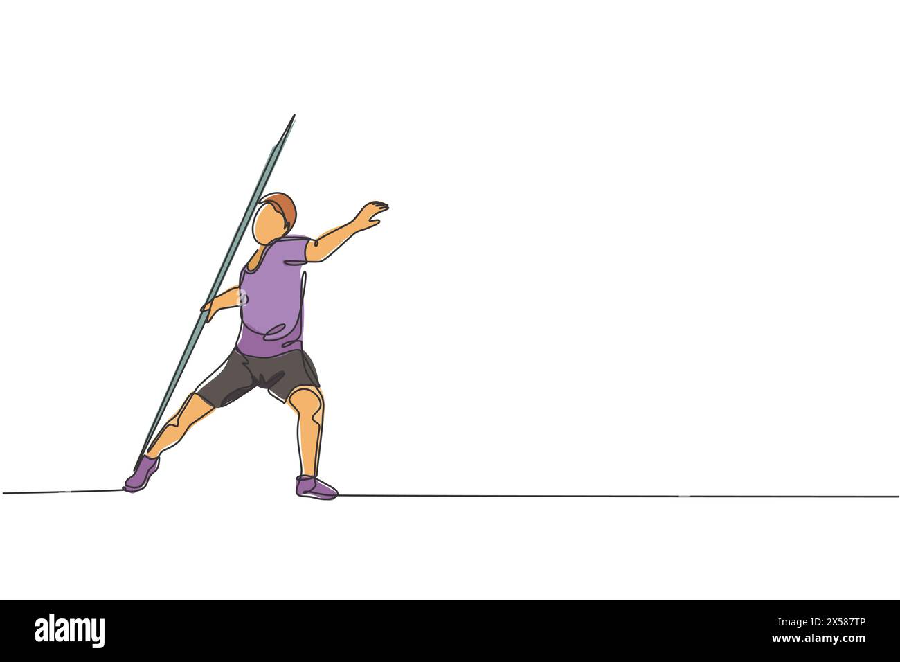 One single line drawing of young energetic man exercise throw javelin ...