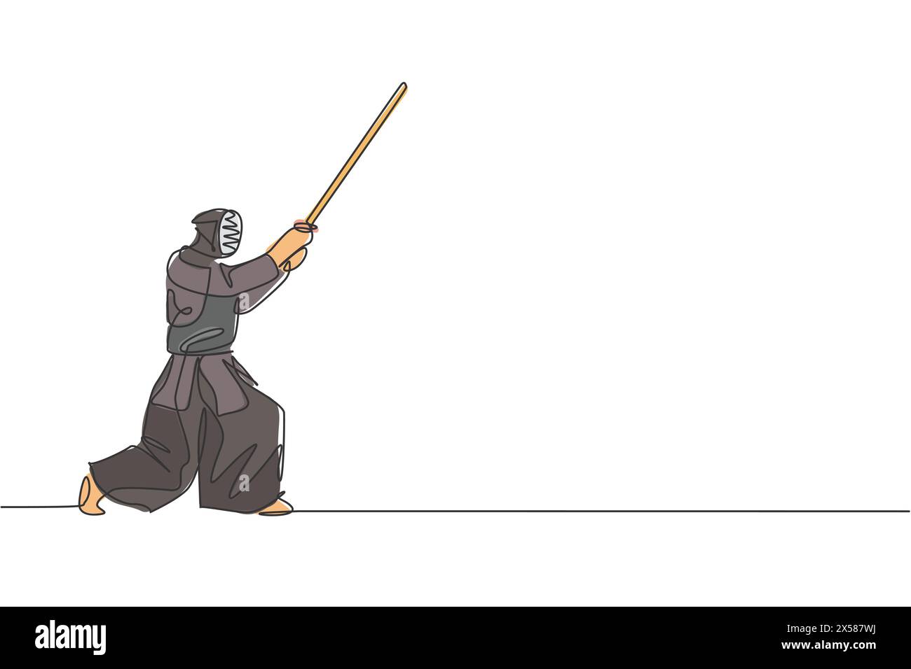 Single continuous line drawing of young sportive man practicing kendo ...