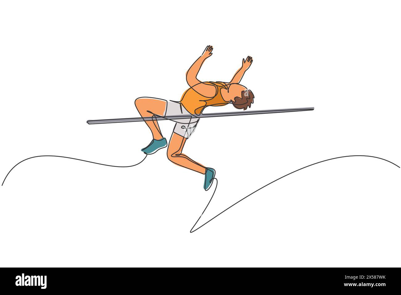 One continuous line drawing of young sporty man practicing high jump ...