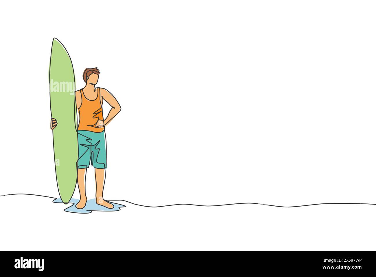 One single line drawing of young sporty surfer man standing and holding ...