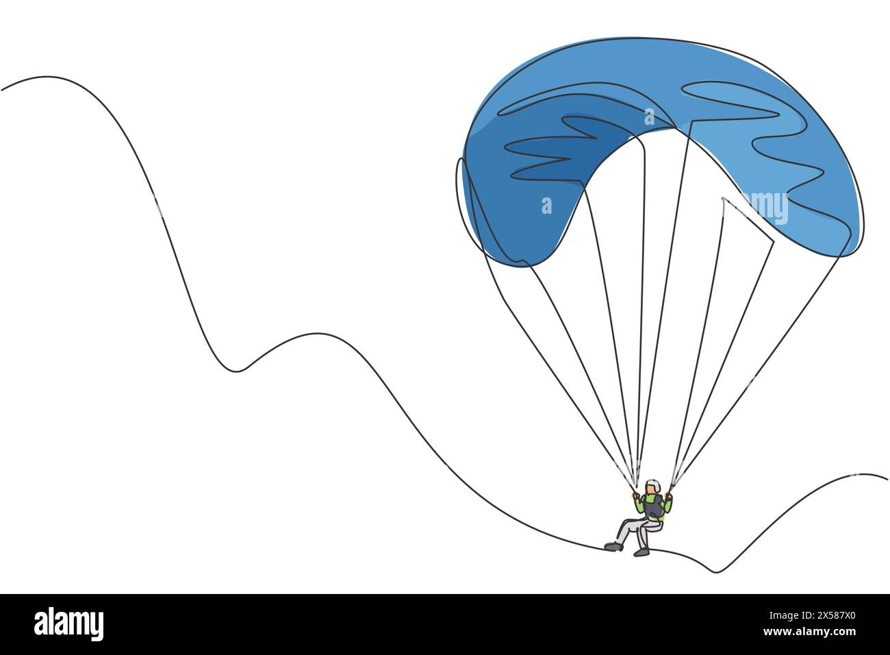 One single line drawing of young sporty man flying with paragliding ...