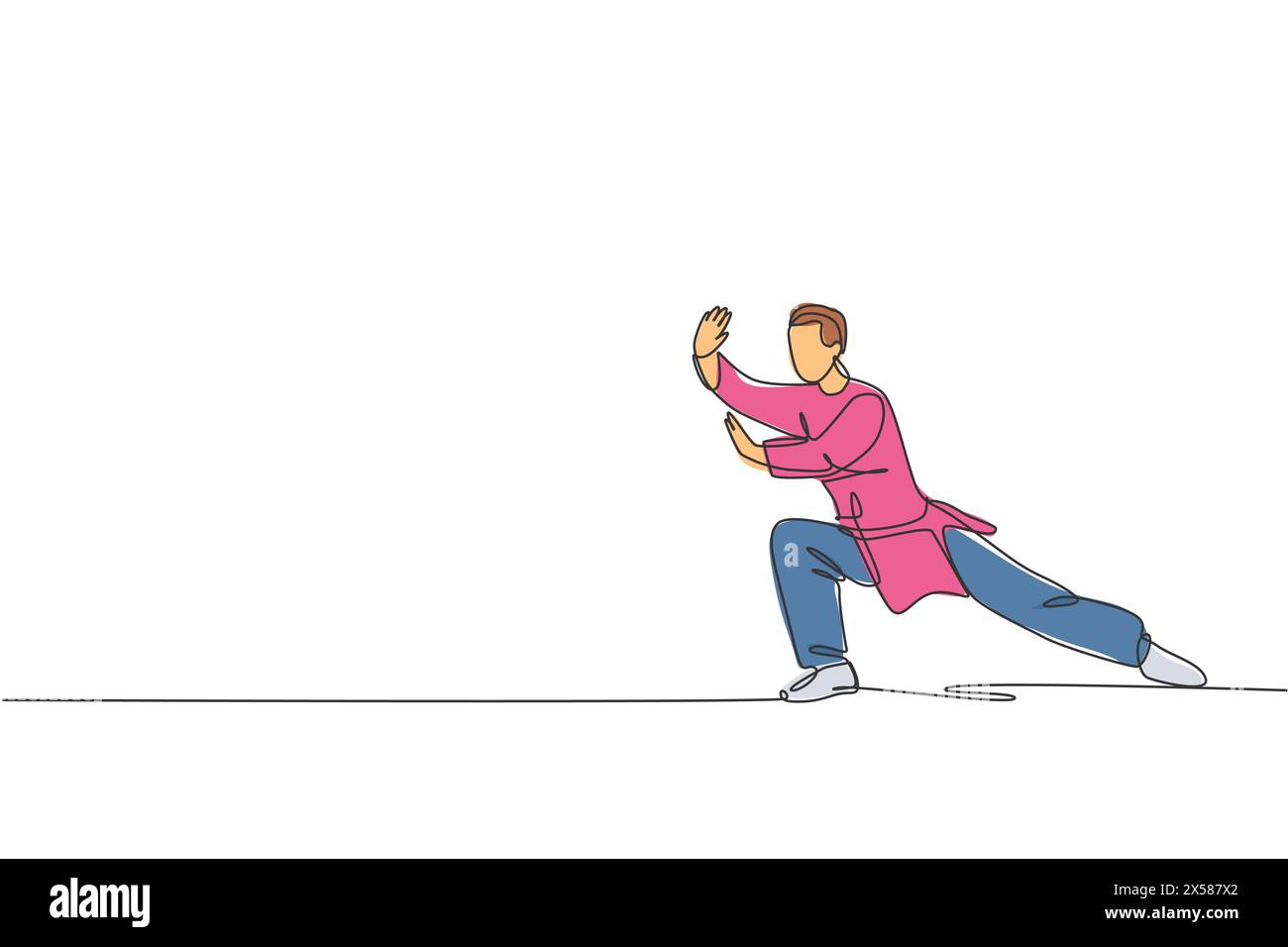 Single continuous line drawing of young man wushu fighter, kung fu ...