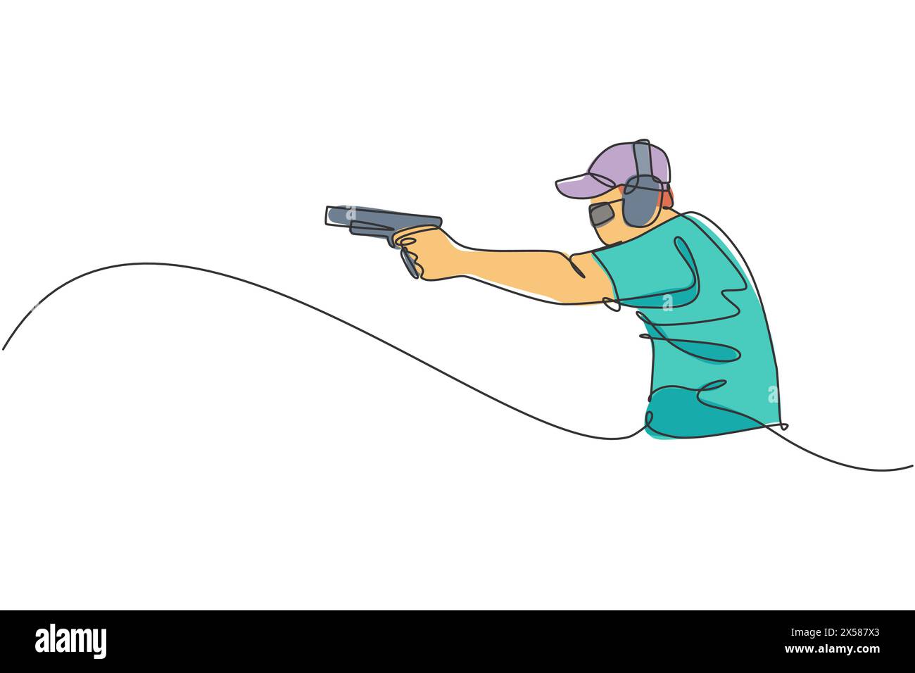 One single line drawing of young man practicing to shot target in range ...