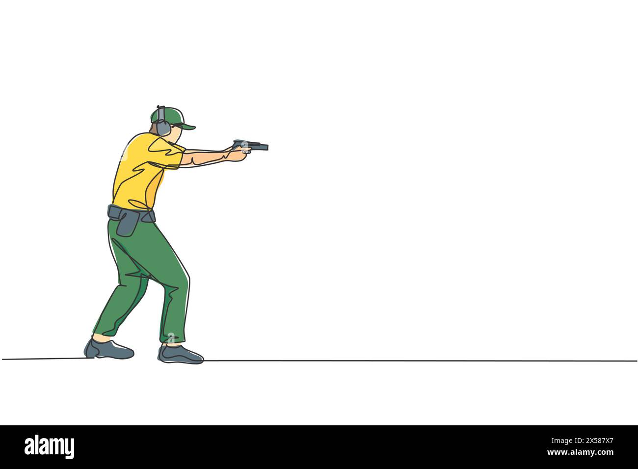 One continuous line drawing of young man on shooting training ground ...