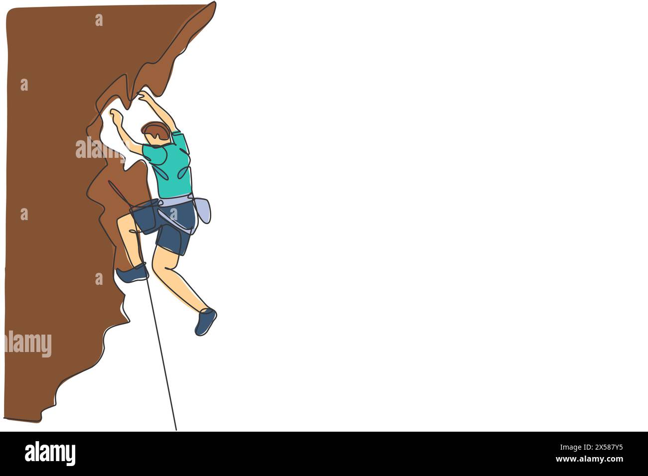 One continuous line drawing of young bravery climber man practice ...
