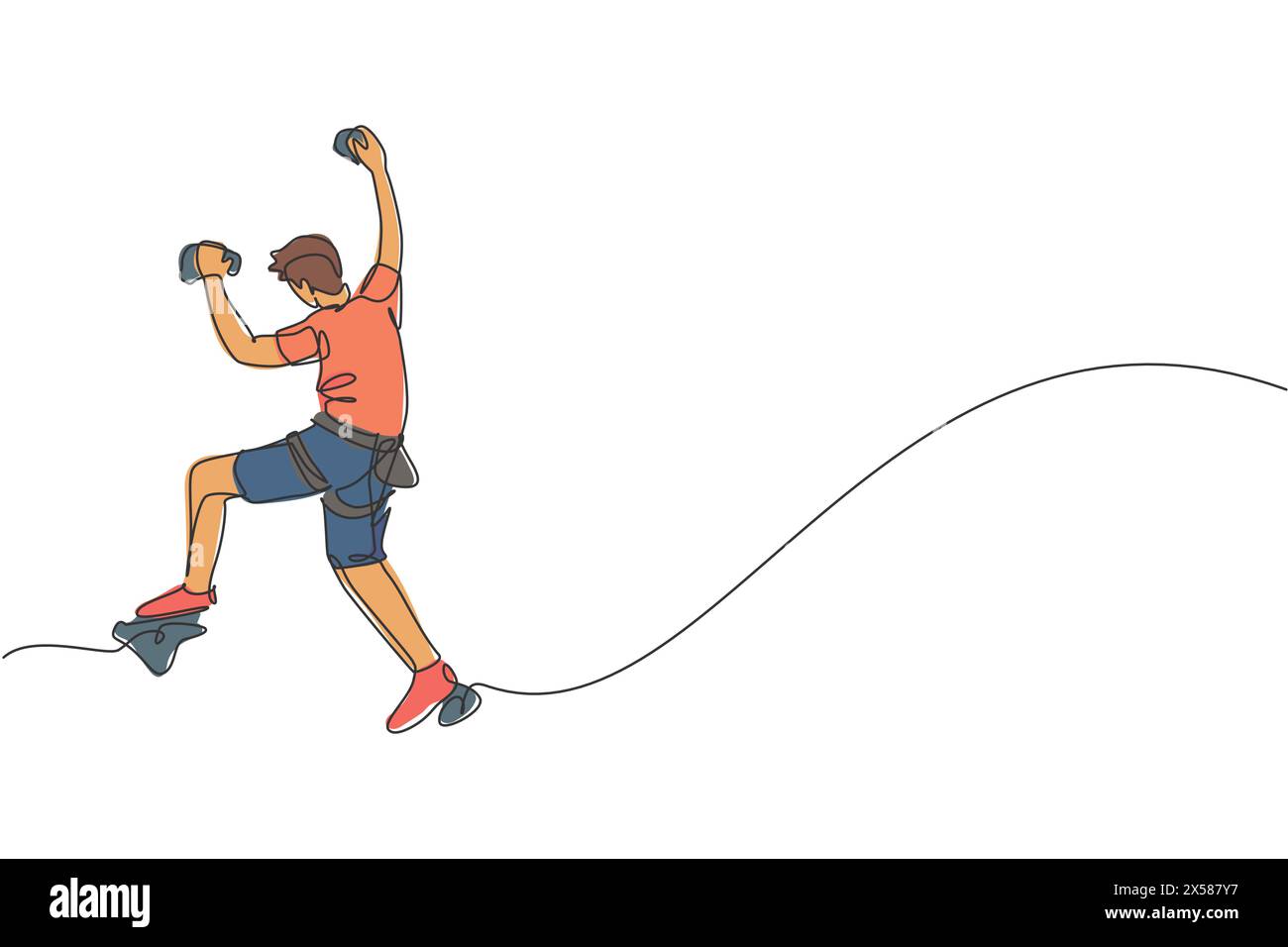 One single line drawing of young active man climbing on cliff mountain ...