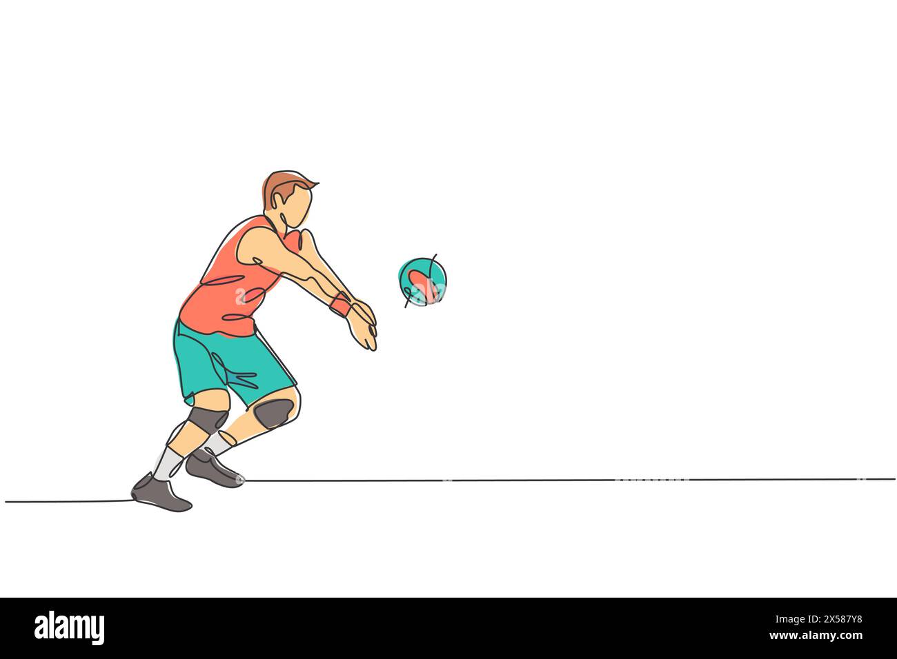 Single continuous line drawing of male young volleyball athlete player ...