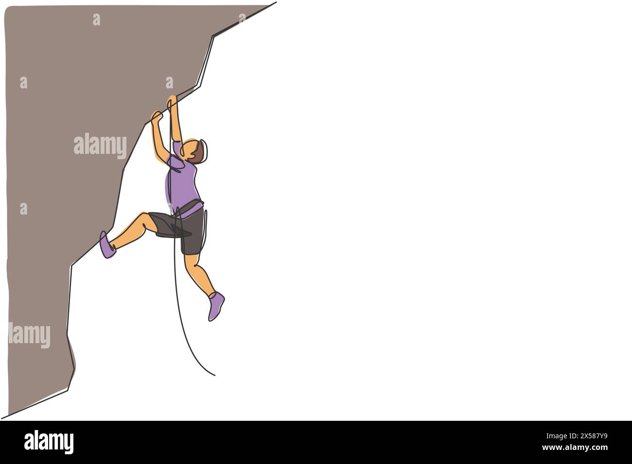 One single line drawing of young active man climbing on cliff mountain ...