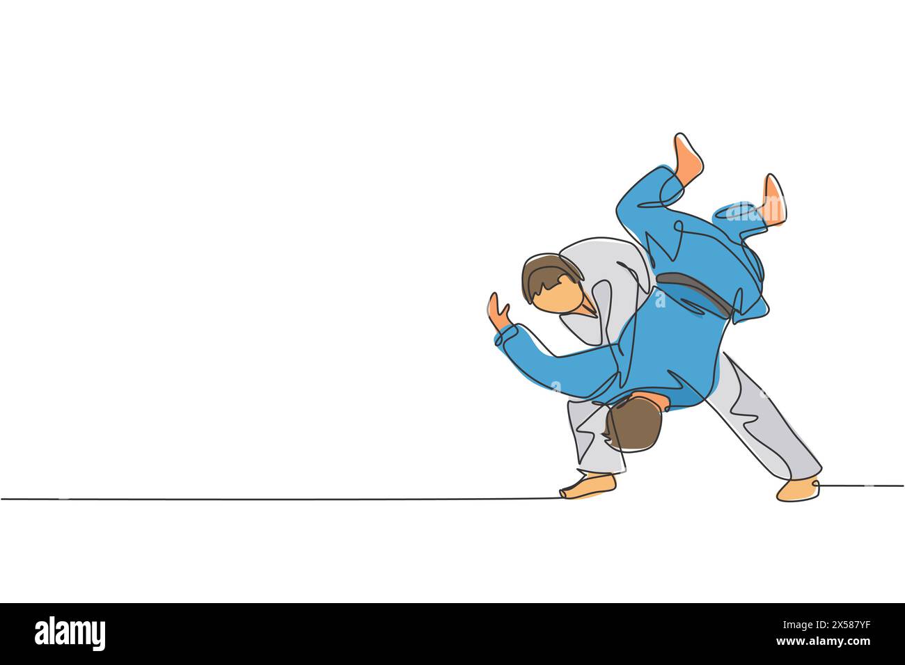 One single line drawing of two young energetic judokas fighter men ...