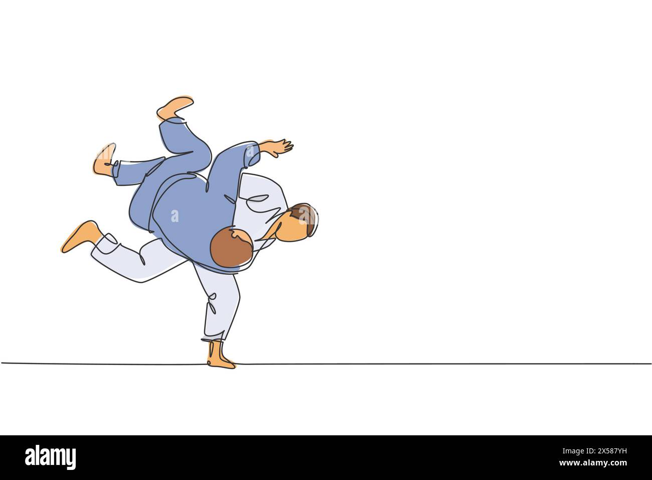 One continuous line drawing of two young sporty men training judo ...