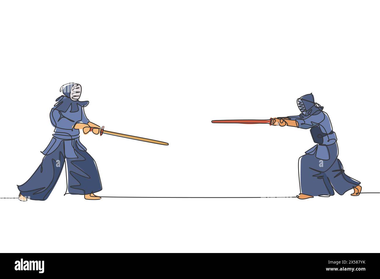 One single line drawing of two young energetic man stance before kendo ...
