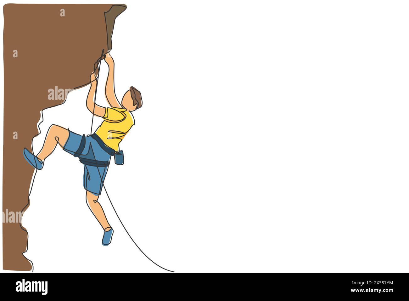 Single continuous line drawing of young muscular rockclimber man ...