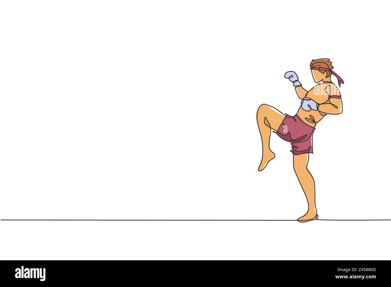 One continuous line drawing of young sporty muay thai boxer man ...