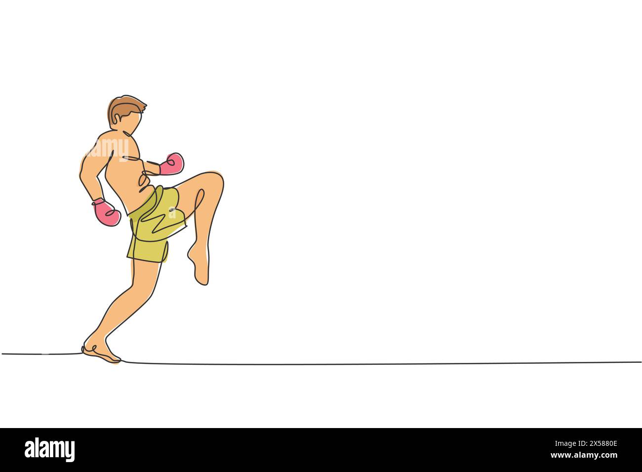 One continuous line drawing of young sporty muay thai boxer man ...