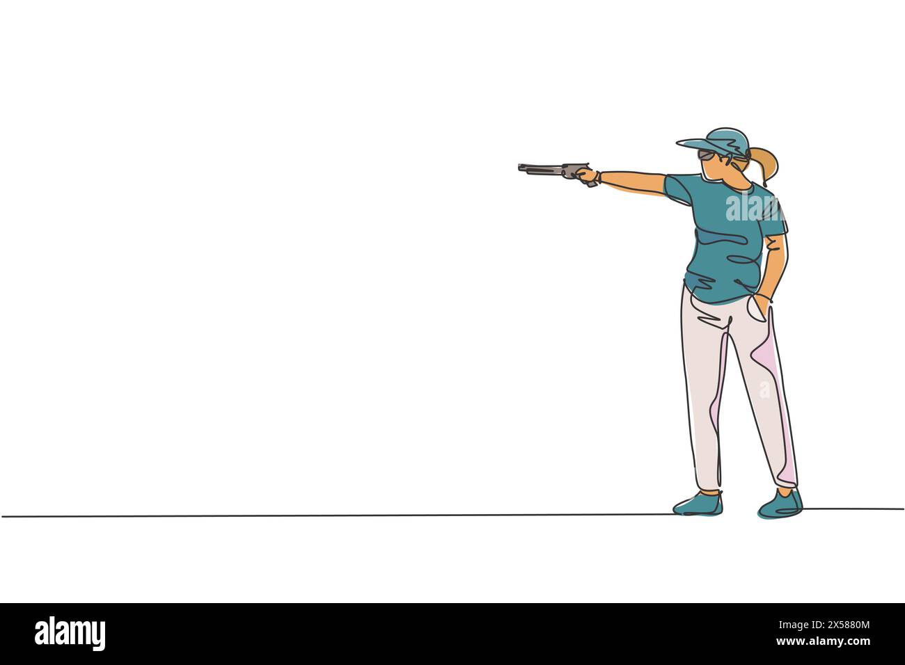 Single continuous line drawing of young athlete woman shooter holding ...