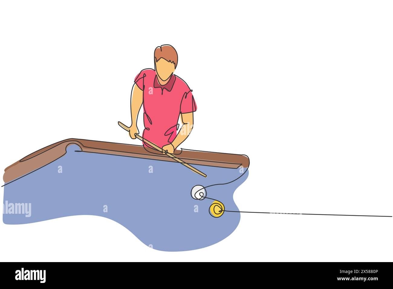 One single line drawing of young handsome man playing pool billiards at ...