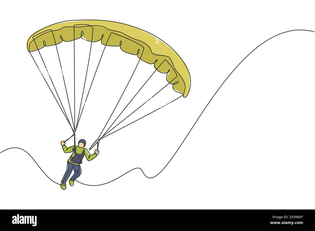 One continuous line drawing of young bravery man flying in the sky ...