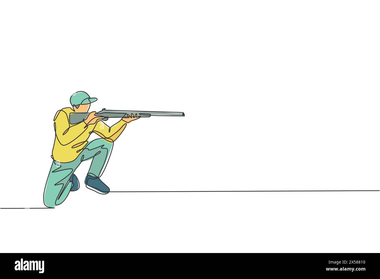 One single line drawing of young man practicing to shot target in range ...