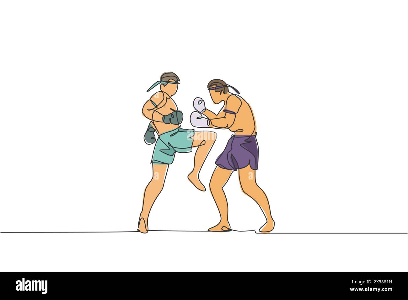 One continuous line drawing two young sporty muay thai boxer men ...