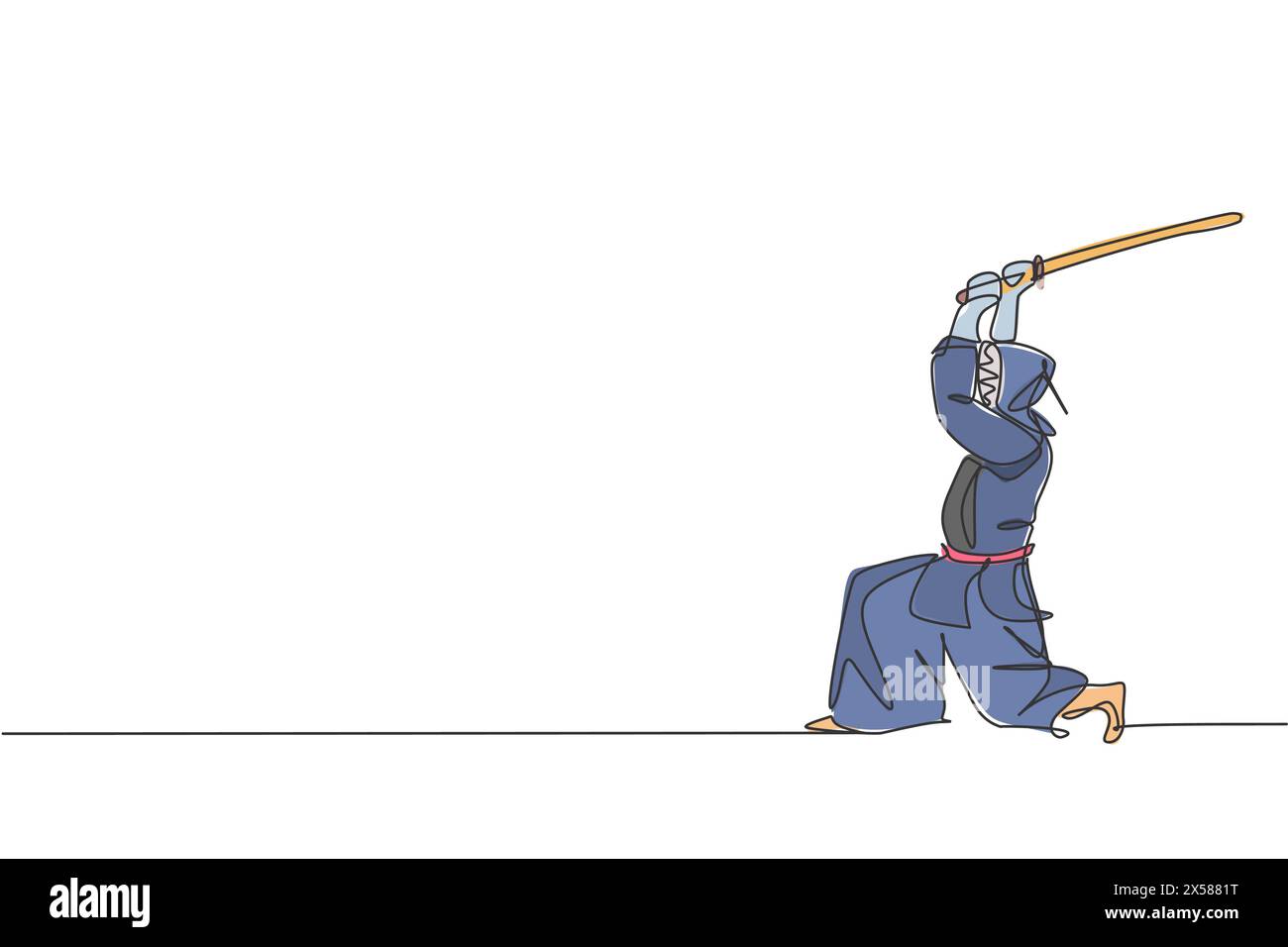One continuous line drawing of young sporty man training kendo attack ...