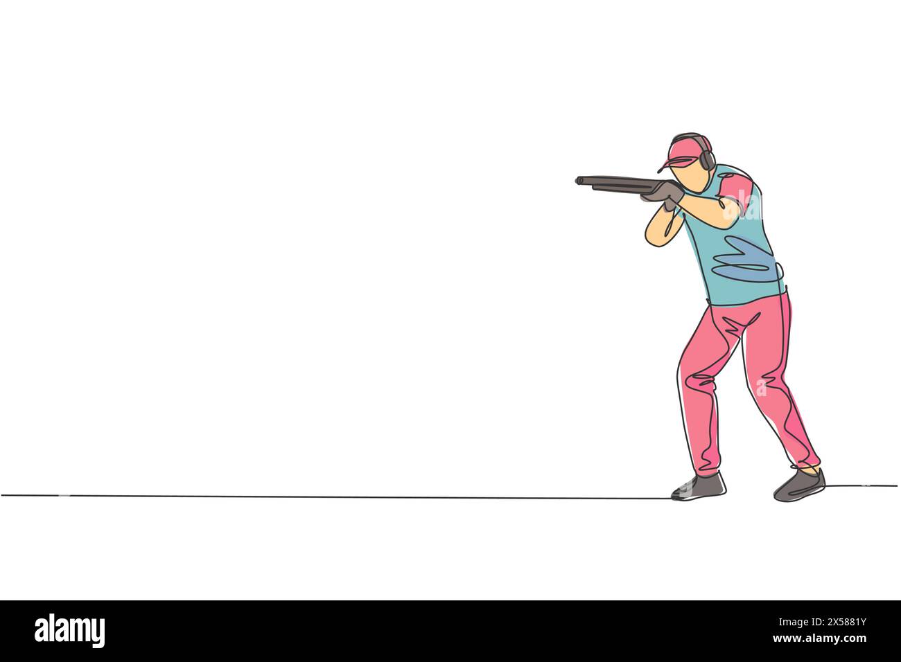 One continuous line drawing of young man on shooting training ground ...