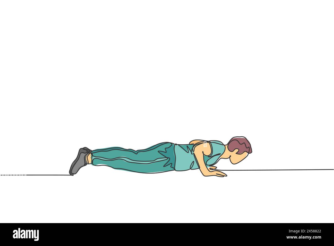 One single line drawing young man working out. Man push up in gym to ...