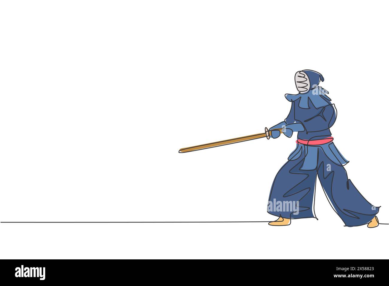 Single continuous line drawing of young sportive man practicing kendo ...