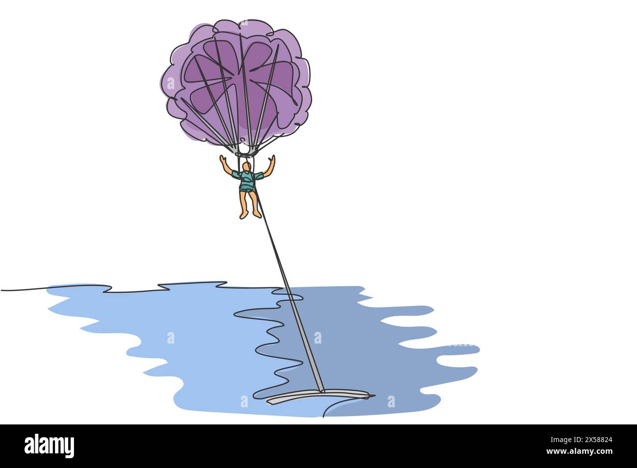 One single line drawing of young sporty man flying with parasailing ...