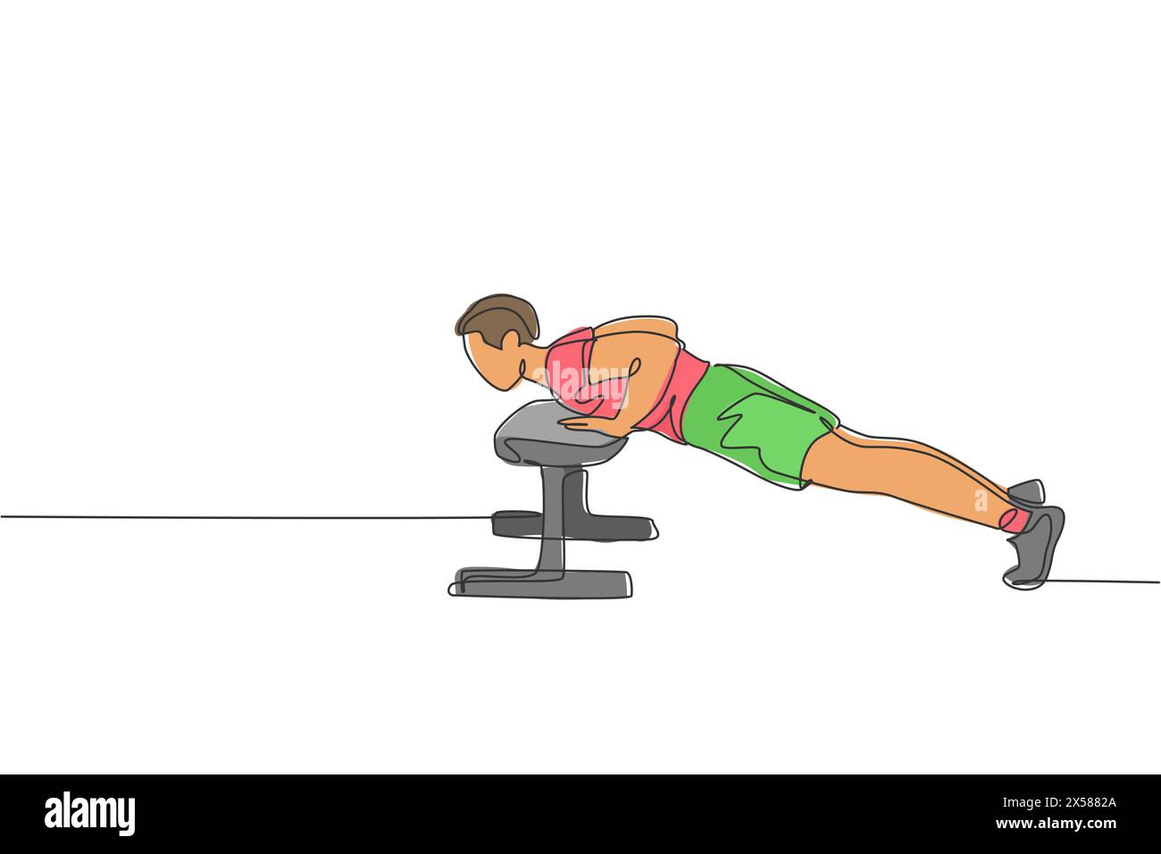 One single line drawing of young energetic man exercise push up with ...