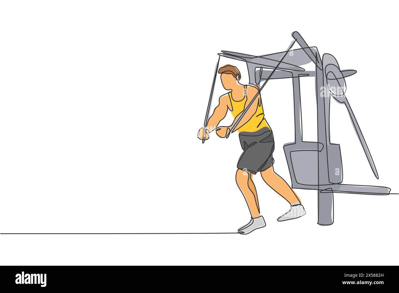 One continuous line drawing of young sporty man working out with ...