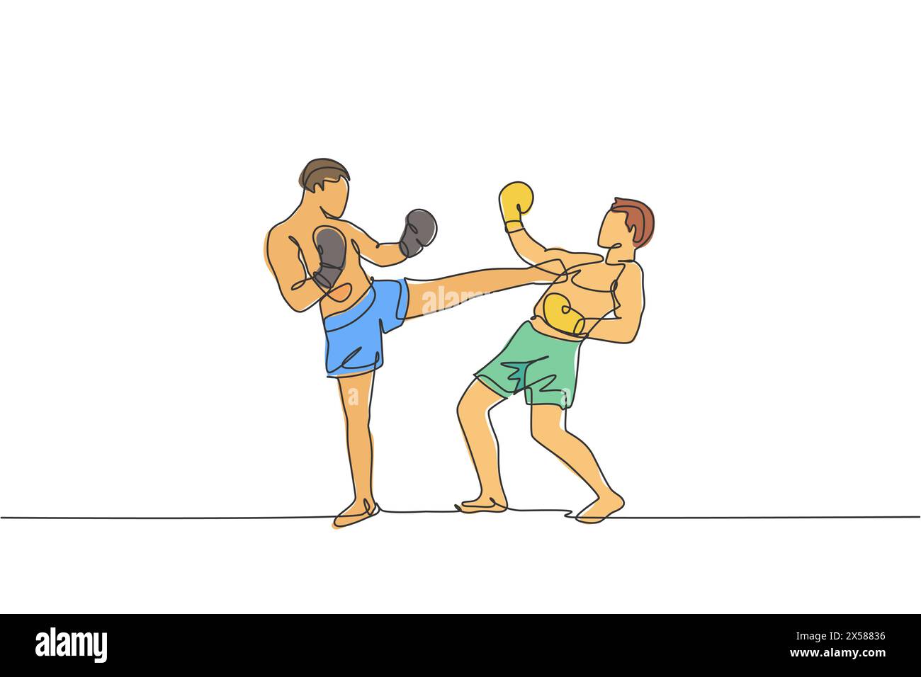 Single continuous line drawing of young sportive man kickboxer fighting ...