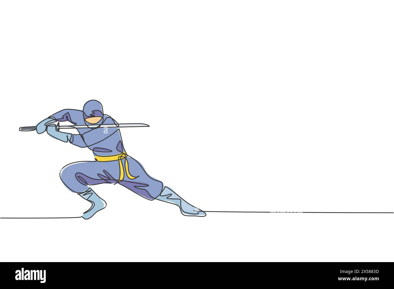 Single continuous line drawing of young Japanese culture ninja warrior ...