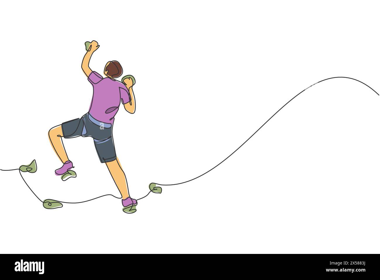 Single continuous line drawing of young muscular rockclimber man ...