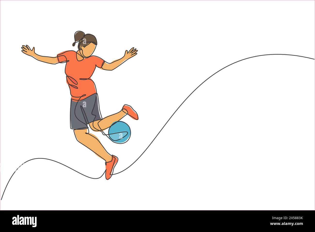 One single line drawing young happy woman perform soccer freestyle ...