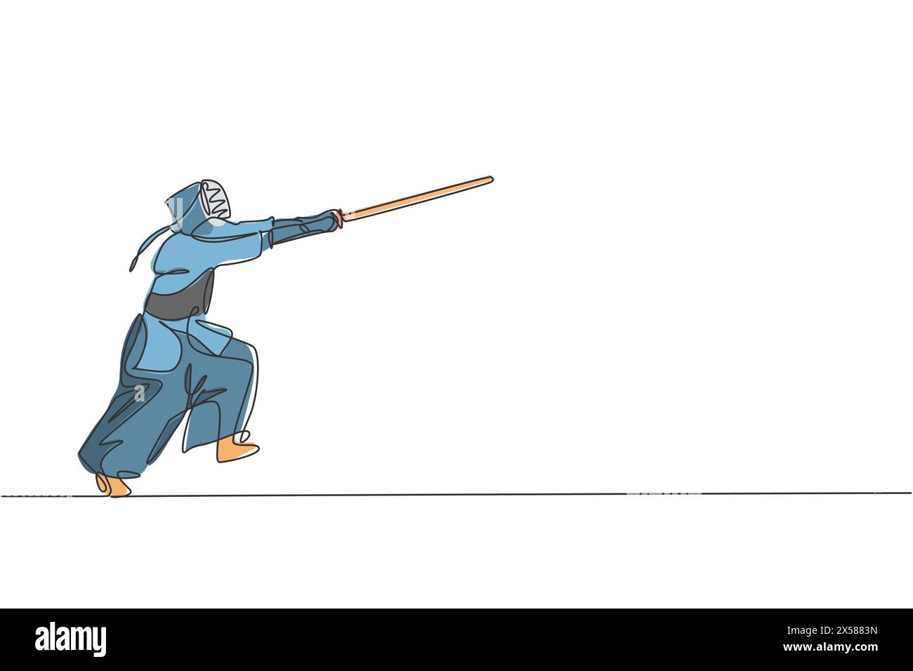 Single continuous line drawing of young sportive man practicing kendo ...