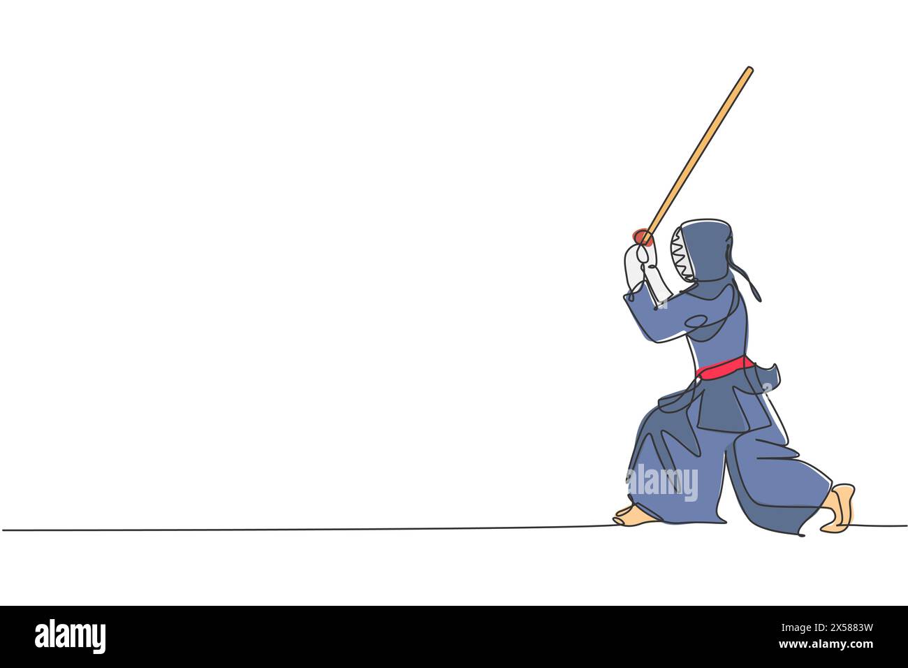 One single line drawing of young energetic man exercise kendo stance ...