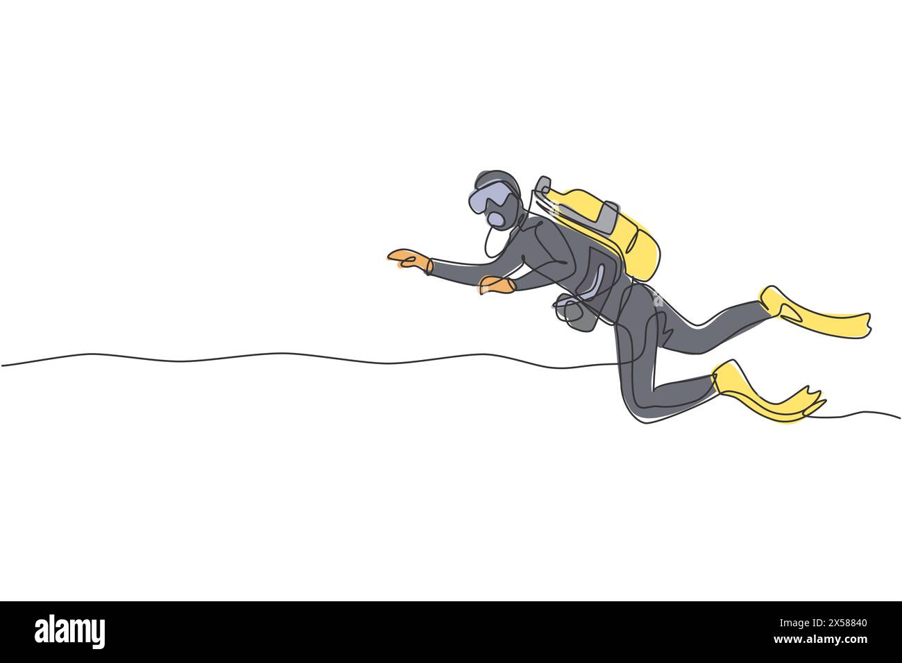 One single line drawing young energetic man do scuba diving at sea ...