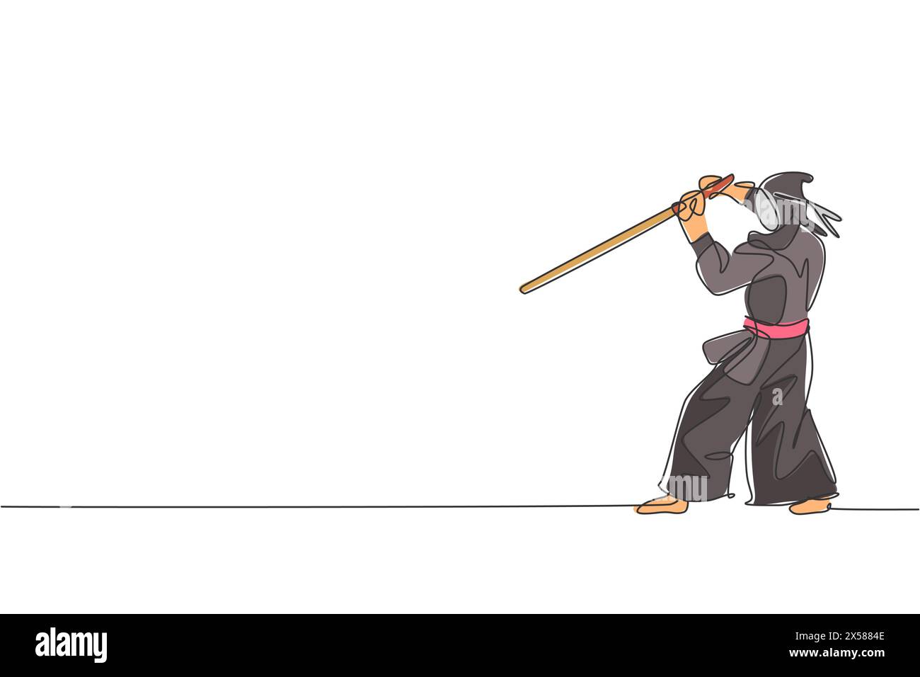 One single line drawing young energetic man exercise defense kendo move ...