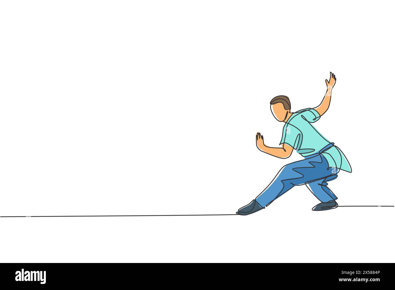 Single continuous line drawing young man wushu fighter, kung fu master ...
