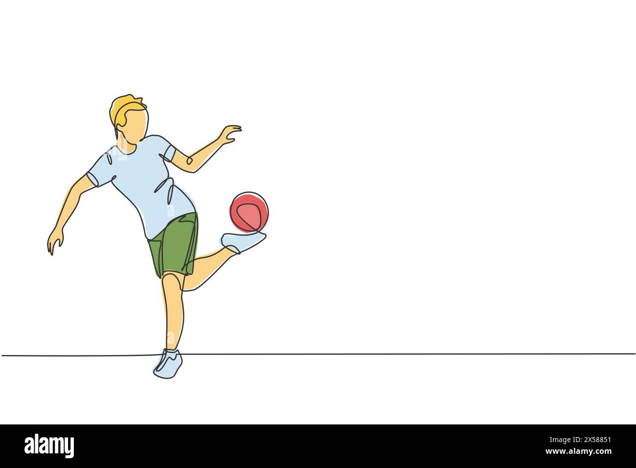 One continuous line drawing of young man soccer freestyler practice to ...