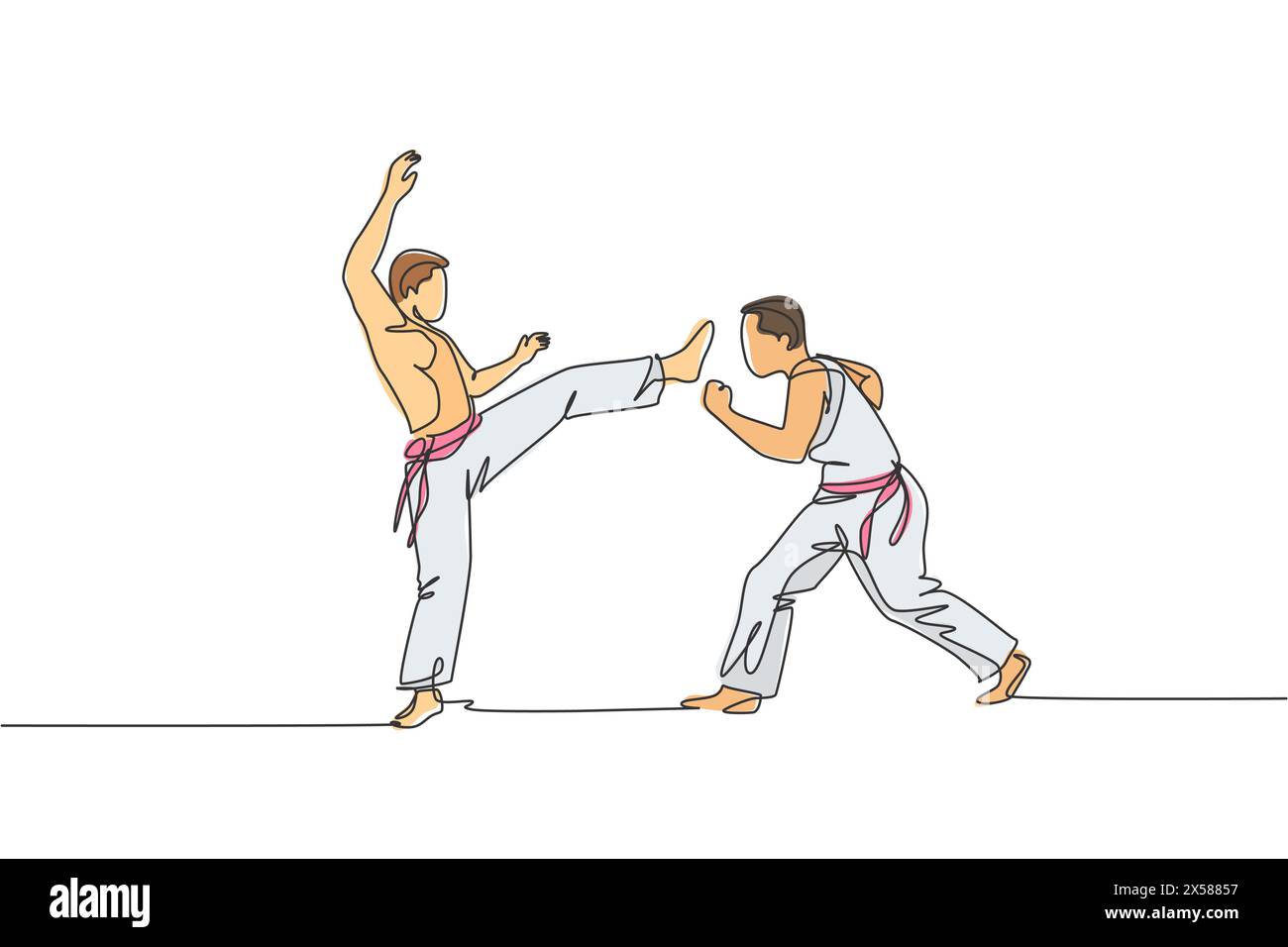 One single line drawing of two young energetic man capoeira dancers ...