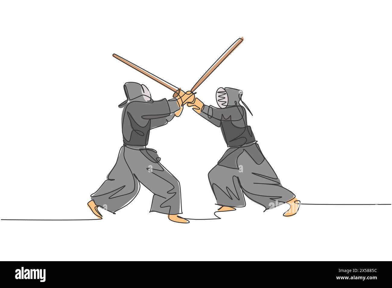 One continuous line drawing of two young sporty men training kendo ...