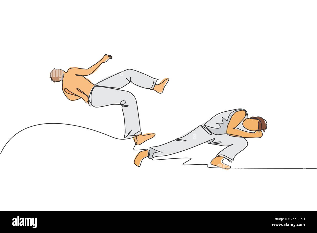 One continuous line drawing of two young sporty Brazilian fighters men ...