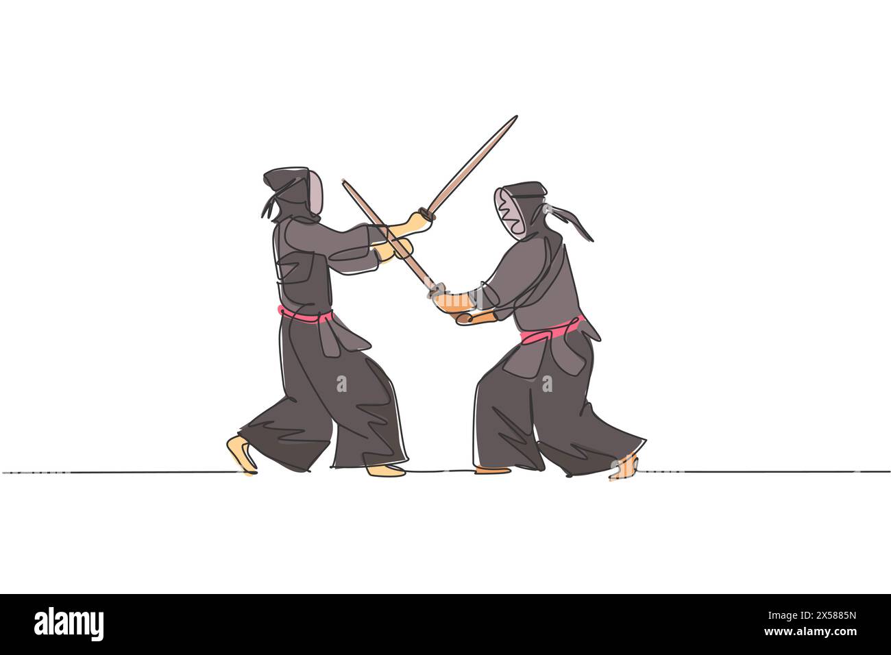 One continuous line drawing of two young sporty men spare fighting ...