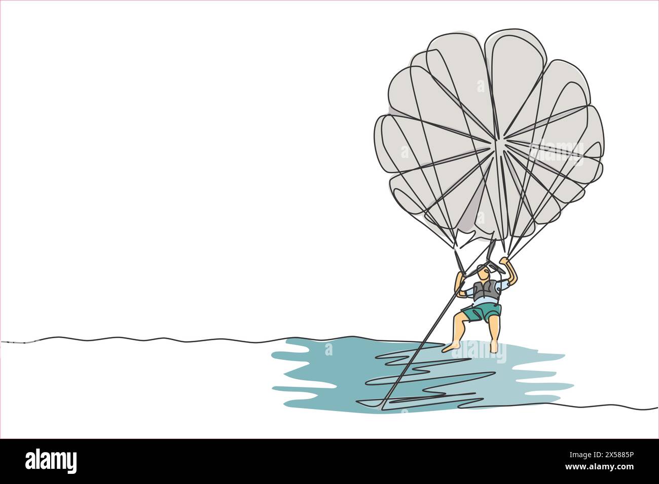 One continuous line drawing of young bravery man flying in the sky ...