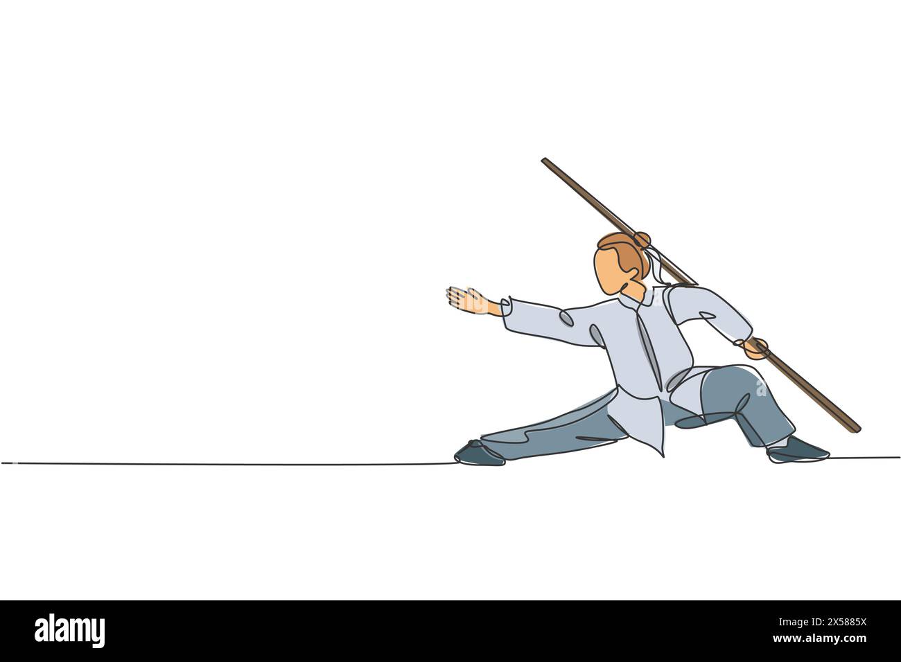 One continuous line drawing of young wushu master woman, kung fu ...