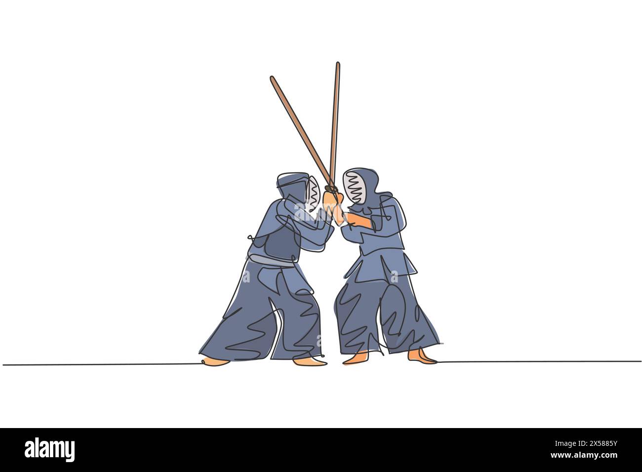 One single line drawing of two young energetic man exercise sparring ...